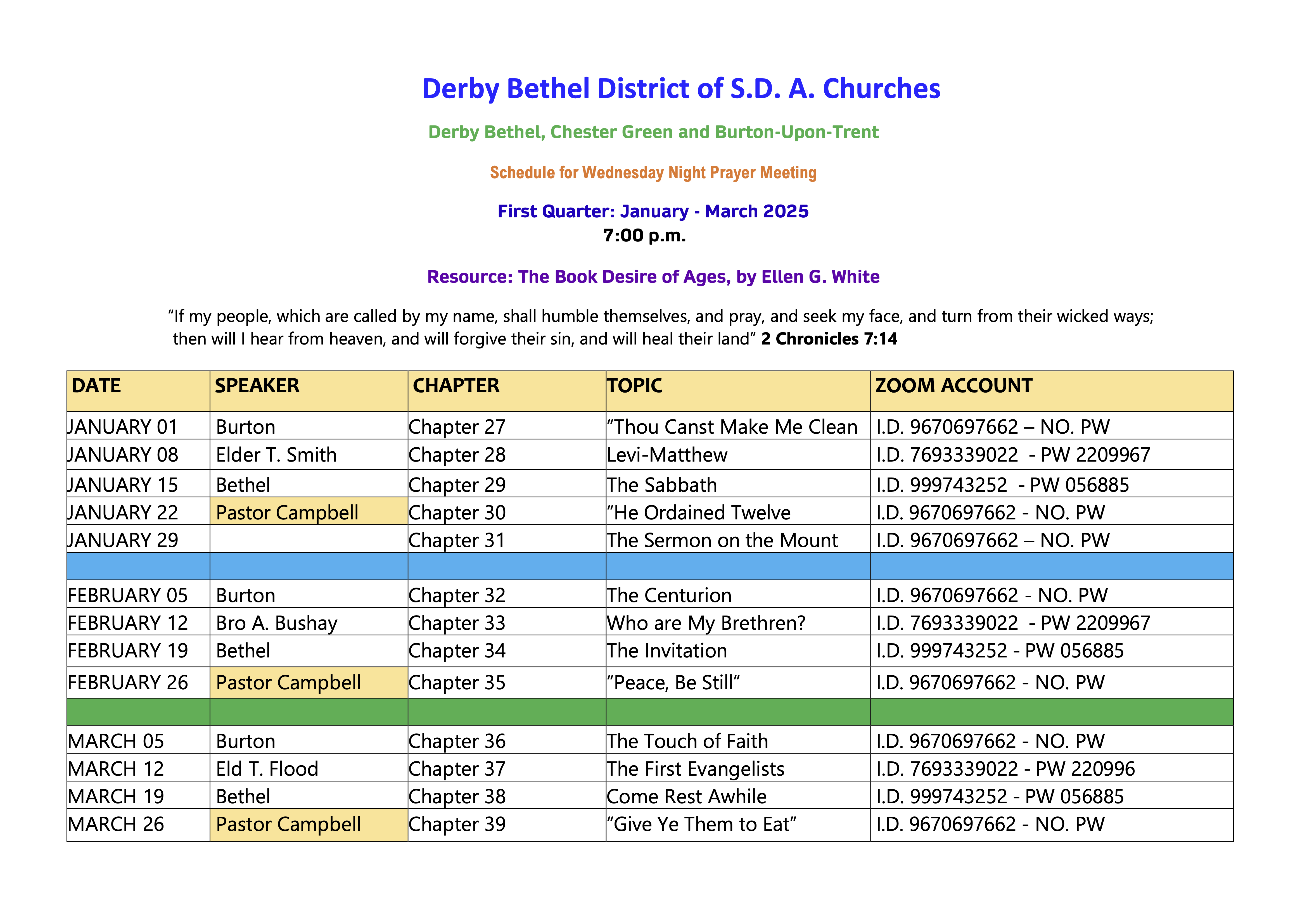 Derby Bethel Church - Prayer Meeting Schedule